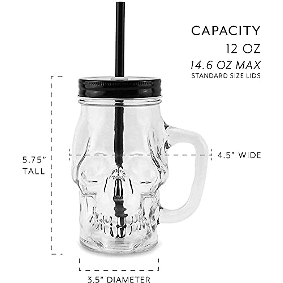 Darware Skull Mason Jar Mugs (Set of 4); Clear 12oz Glasses with Reusable Straws