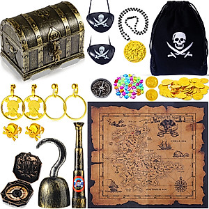 116 Pieces Pirate Treasure Toys, Pirate Treasure Box with Coins Jewels Gems and Pirate Map Compass Telescope for Boy Girl Halloween Cosplay Props Pirate Theme Party Decoration Favor (Cute Style)