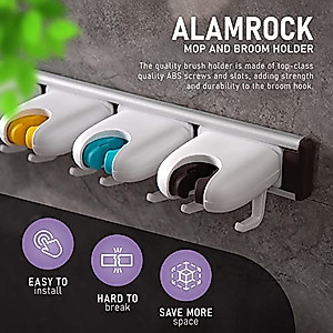 Alamrock Mop and Broom Holder Wall Mount with 12 Hooks & 6 Grips - Brush Holder Mop Holder for Garden, Kitchen & Laundry Room Organization-Mop and Broom Holder, Broom Storage, Broom Hanger Wall Mount