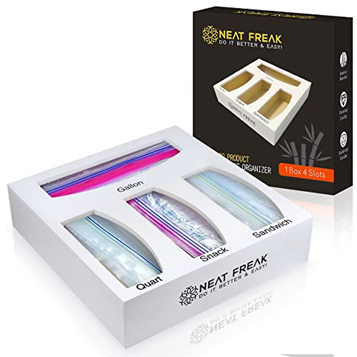 Neat Freak Baggie Organizer Dispenser – 4-in-1 Ziploc Bag Storage Organizer for Drawer – Bamboo Baggie Organizer For Wall– Ziploc Bag Organizer for Quart, Snack, Gallon, Sandwich - White Color.