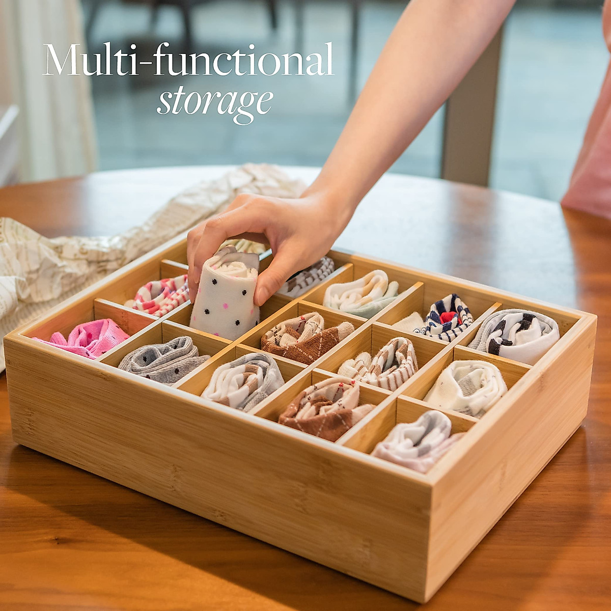 GOBAM Bamboo Closet Drawer Divider - Storage Organizer with 15 Compartments, Drawer Organizer, Storage Box for Belts, Ties, Bras, Briefs, Socks & Jewelry - Natural