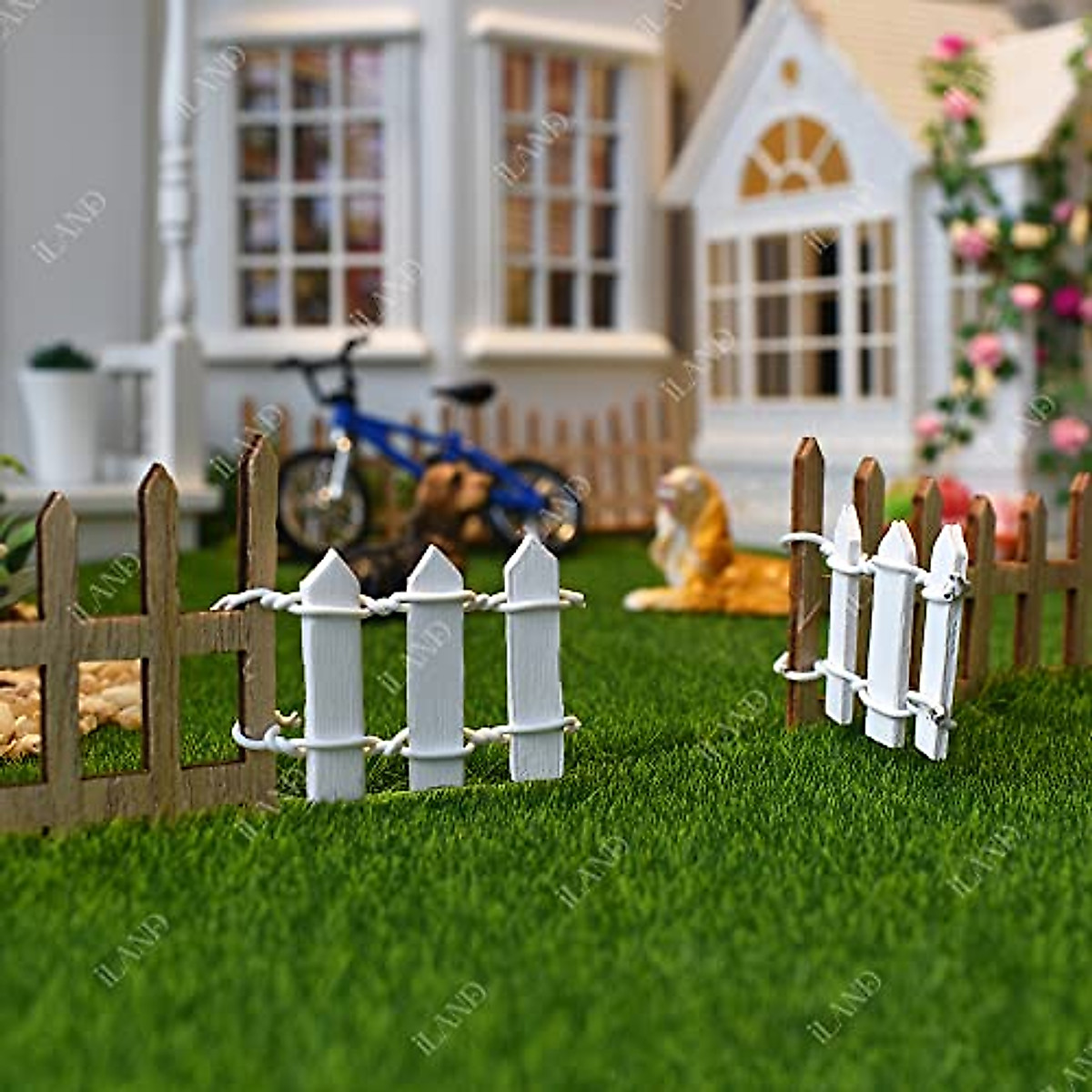 iland Fairy Garden Miniatures of Artificial Grass 4 Sheets 11.8"x 11.8" w/ 10pcs Miniature Fences & 2 Fence Doors & 1 Sign, Fake Grass for Crafts & Dollhouse Garden