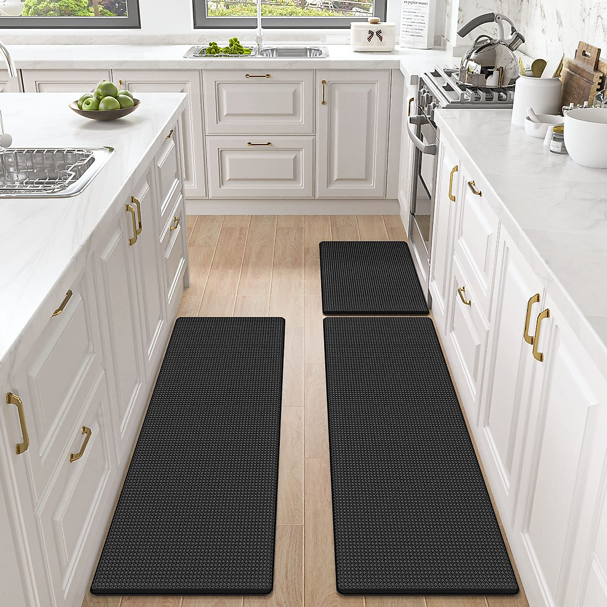 DEXI Kitchen Rugs and Mats Cushioned Anti Fatigue Comfort Runner Mats for Floor Rugs Waterproof Standing Rugs Set of 3,17"x29"+17"x59"+17"x59" Black