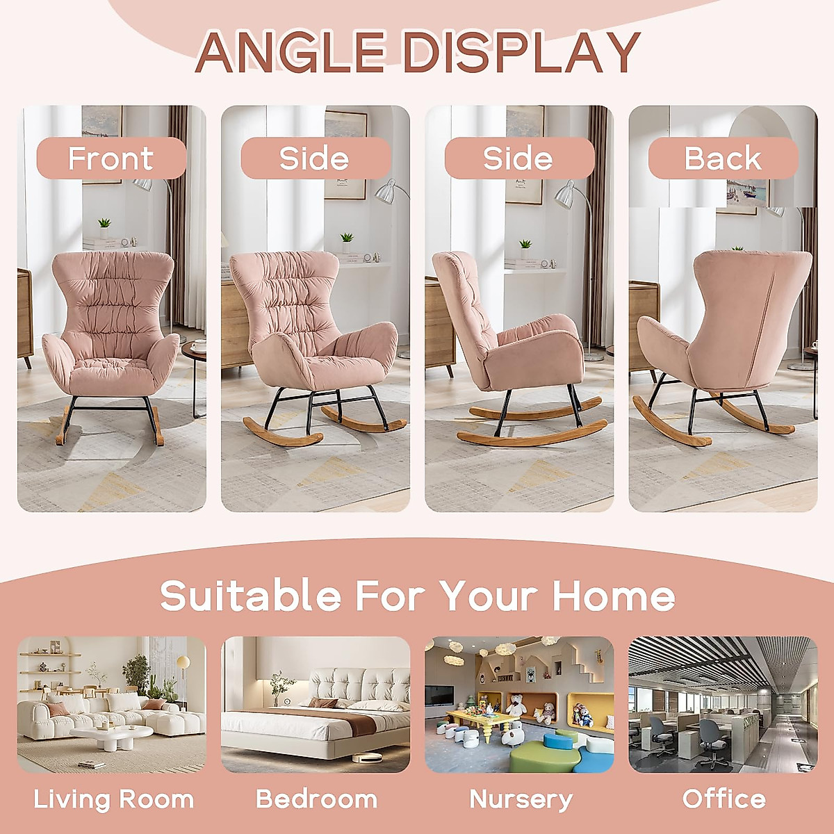 NIOIIKIT Nursery Rocking Chair, Velvet Upholstered Glider Rocker, Rocking Accent Chair with High Backrest, Comfy Rocking Accent Armchair for Living Room, Bedroom, Offices (Pink Velvet)