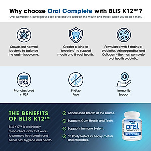 Oral Complete 11-in-1 Dental Probiotics, Bad Breath Treatment Halitosis Tonsil Stone with Non-GMO with BLIS K12, Ashwagandha and Collagen, 120 Capsules