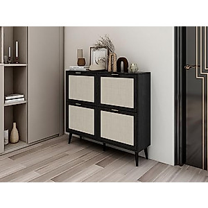 ZeHuoGe Large Rattan Shoe Cabinet with 4 Flip Drawers, Black 2-Tier Shoe Rack Boho Storage Cabinet for Heels, Boots, Slippers, Free Standing Shoe Rack, Entrance Hallway (Black)