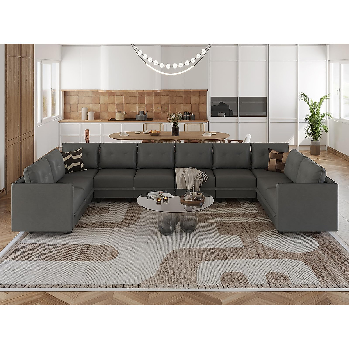 LLappuil Oversized Modular Sectional Sofa, Convertible U Shaped Sofa with Storage, Large Sectional Couch for Living Room, Faux Leather Fabric Waterproof Sofa, 10 Seat, Dark Grey
