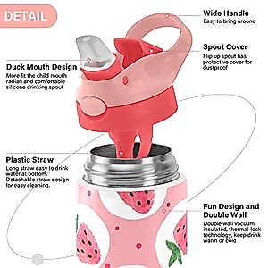 Children Insulated Water Bottles with Straw for School Kids Strawberry Pink Cute Stainless Steel Vacuum Double Wall Keeps Hot and Cold with Handles