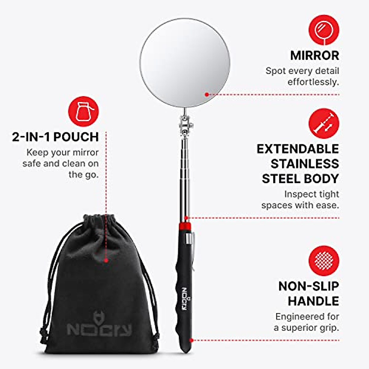 NoCry Heavy Duty Telescoping Inspection Mirror — 3.23 Inch Round Mirror on a Stick; 2-IN-1 Storage Pouch; Extendable Mirror up to 30in; Non-Slip Handle; 360° Inspection Mirror Telescoping Swivel Head