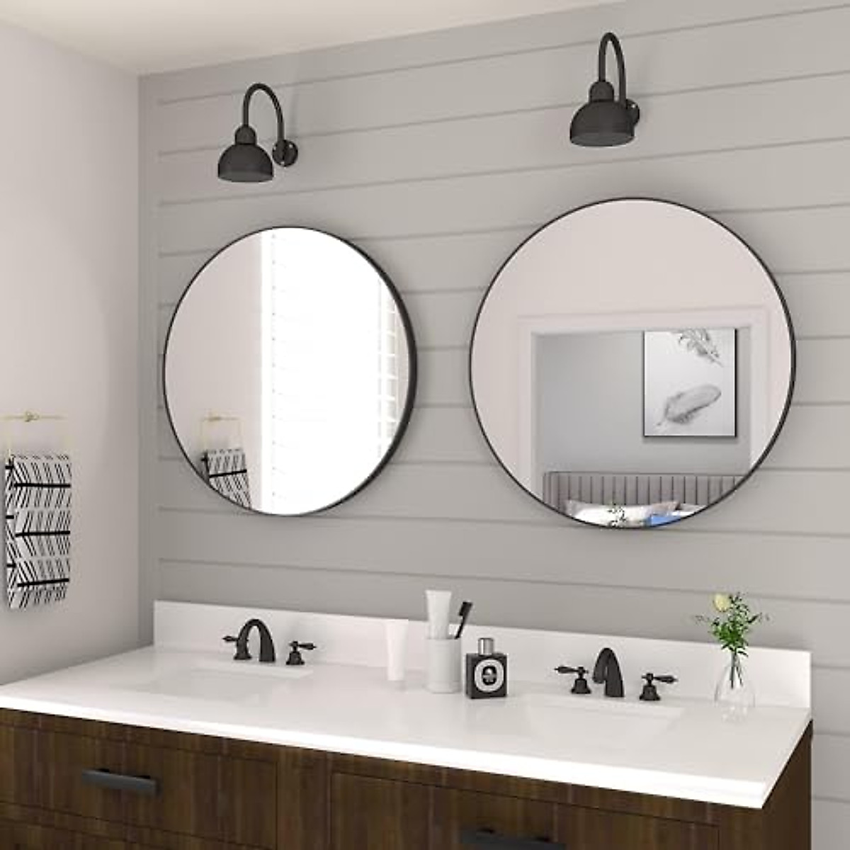 B&C 36 inch Round Mirror with 1-9/16" Matte Black Aluminum Frame, Black Metal Frame Circle Mirror, Circular Wall Mirror for Bathroom