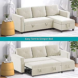 BALUS L-Shape Reversible Dutch Velvet Sleeper Sectional Sofa with Storage Chaise, Pull Out Sofa Bed, Corner Couch with Arms for Living Room, Home Furniture, Apartment, Dorm (Beige)
