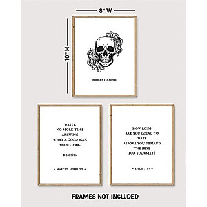 Stoic Wall Art Collection - Marcus Aurelius, Memento Mori, Epictetus Quotes - Stoicism Wisdom Set of 3 Prints - 8x10 - Unframed