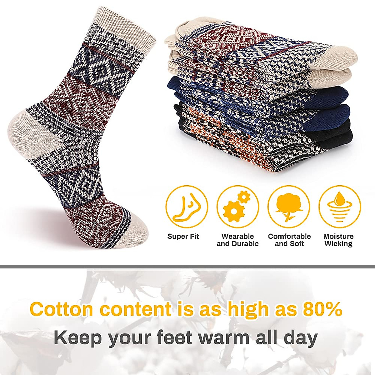 Luckit 6 Pack Warm Cotton Socks for Men and Women, Winter Cabin Socks Men, Vintage Fall Patterned Socks Unisex Knit Thick Cozy Socks