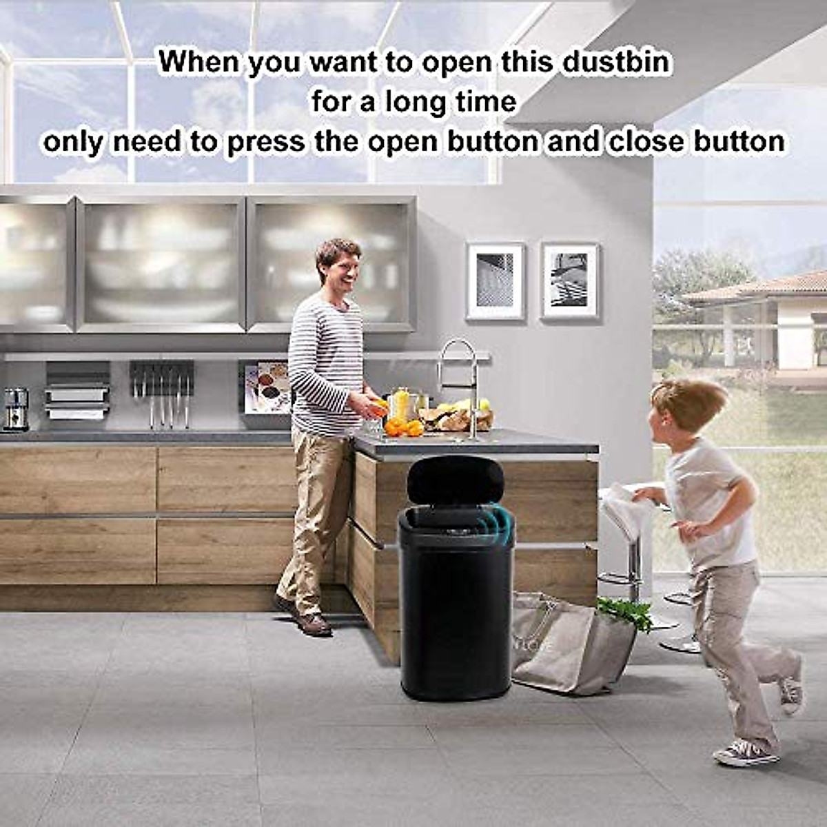 13 Gallon Touch Free Automatic Stainless Steel Trash Can Garbage Can Metal Trash Bin with Lid for Kitchen Living Room Office Bathroom, Electronic Touchless Motion Sensor Automatic Trash Can Black