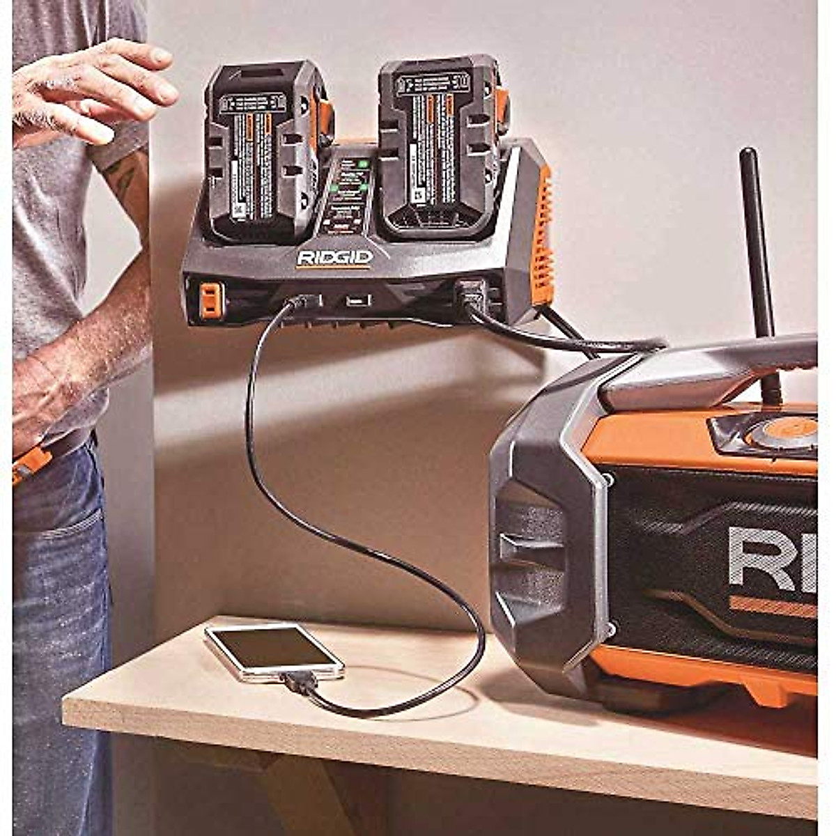 Ridgid AC840094 Gen5X Dual Port 18V Lithium Ion and NiCad Battery Charger with Pass-Through AC Ports and USB Charging (Batteries Not Included, Charger Only)
