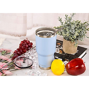 Product Image 30oz Blue Tumbler Stainless Steel Double Wall Vacuum Insulated Mug with Straw and Lid, Cleaning Brush for Cold and Hot Beverages