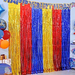 LOLStar Paw Birthday Decorations,2 Pack Gold Red and Blue Birthday Party Supplies 3.3 x 6.6ft Tinsel Foil Fringe Curtains Photo Booth Props Backdrop Streamers, House Doorway Room Decor for Kids