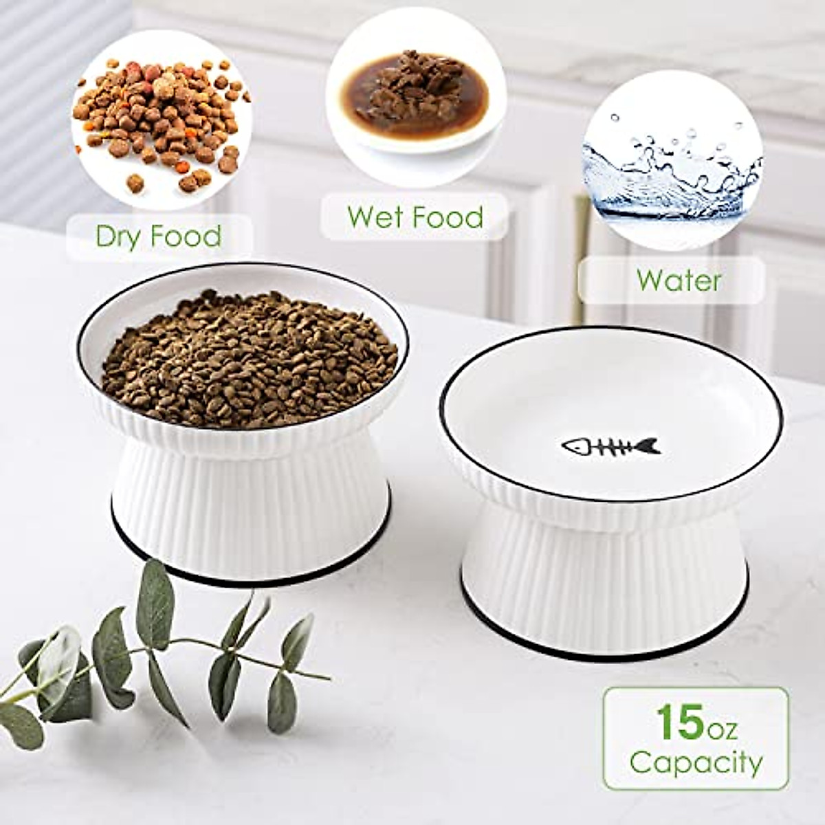 Large Ceramic Elevated Cat Food Bowl,Whisker Friendly Raised Cat Water Bowl,Stress Free Food Feeding Dish,Anti Whisker Fatigue Bowl with Anti-Slip Strip for Cats & Small Dogs,Non Tipping