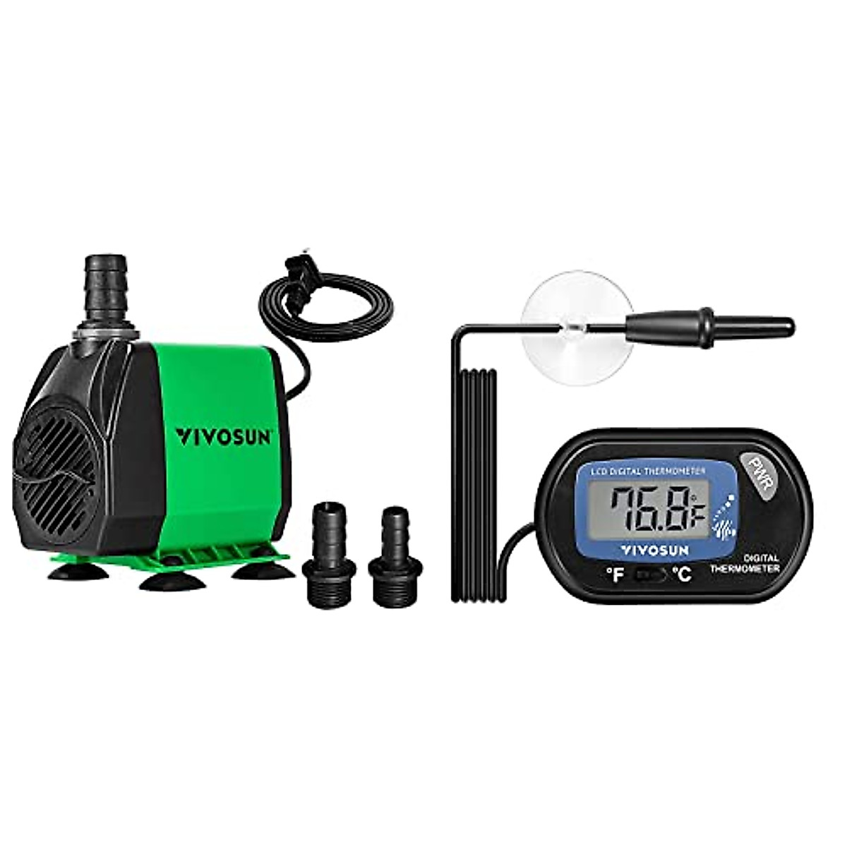 VIVOSUN 800GPH Submersible Pump & 1-Pack LCD Digital Aquarium Thermometer, Ultra Quiet Water Pump with 10ft High Lift, for Fish Tank, Pond, Aquarium, Statuary, Hydroponics