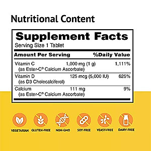 American Health EsterC with D3 Bone Immune Complex Vegetarian Tablets 24Hour Immune Support 1000 mg EsterC 5000 IU Vitamin D3 NonAcidic Vitamin C Servings, 60 Count