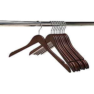 Quality Semi Curved Wooden Suit Hangers, 10-Pack Smooth Finish Solid Wood Coat Hanger with Swivel Hook, Jacket, Pant, Dress Clothes Hangers (Walnut - Chrome Hook, 10)