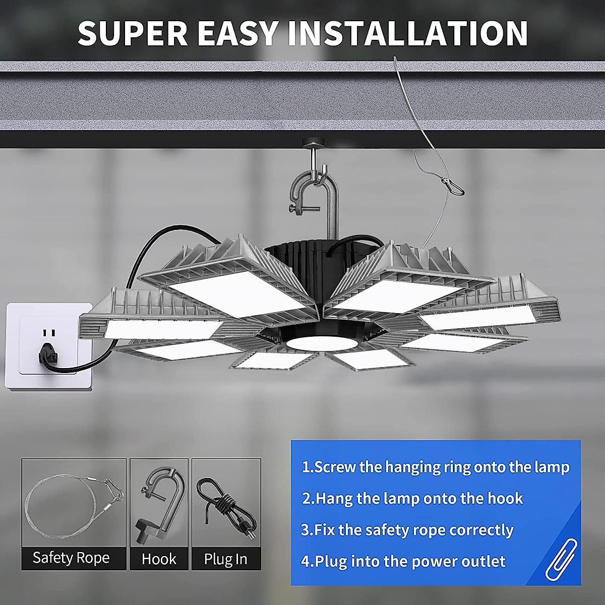 LED High Bay Lights, US Plug Garage light fixtures 300W 36000LM 6500K equivalent to 800W HPS with a free American hook 5 foot power cord for Barn,Workshop,Basement, Garage lighting(Silver, 2Pack)