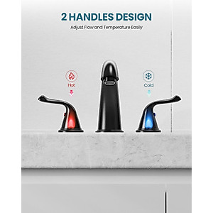 Black Bathroom Faucets, Faucet for Bathroom Sink - 2 Handle Basin Faucet, 3 Hole 8 Inch Widerspread Bathroom Faucet with Lift Rod Drain Assembly, Water Supply Lines Faucets for RV Bath Vanity