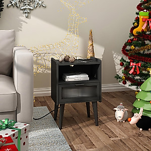 MMEOLUOOK Nightstand with Charging Station, Bedside Tables, End Table Side Table with 2 Tiers Storage Space, for Bedroom, Living Room, Black MLBZ07BE