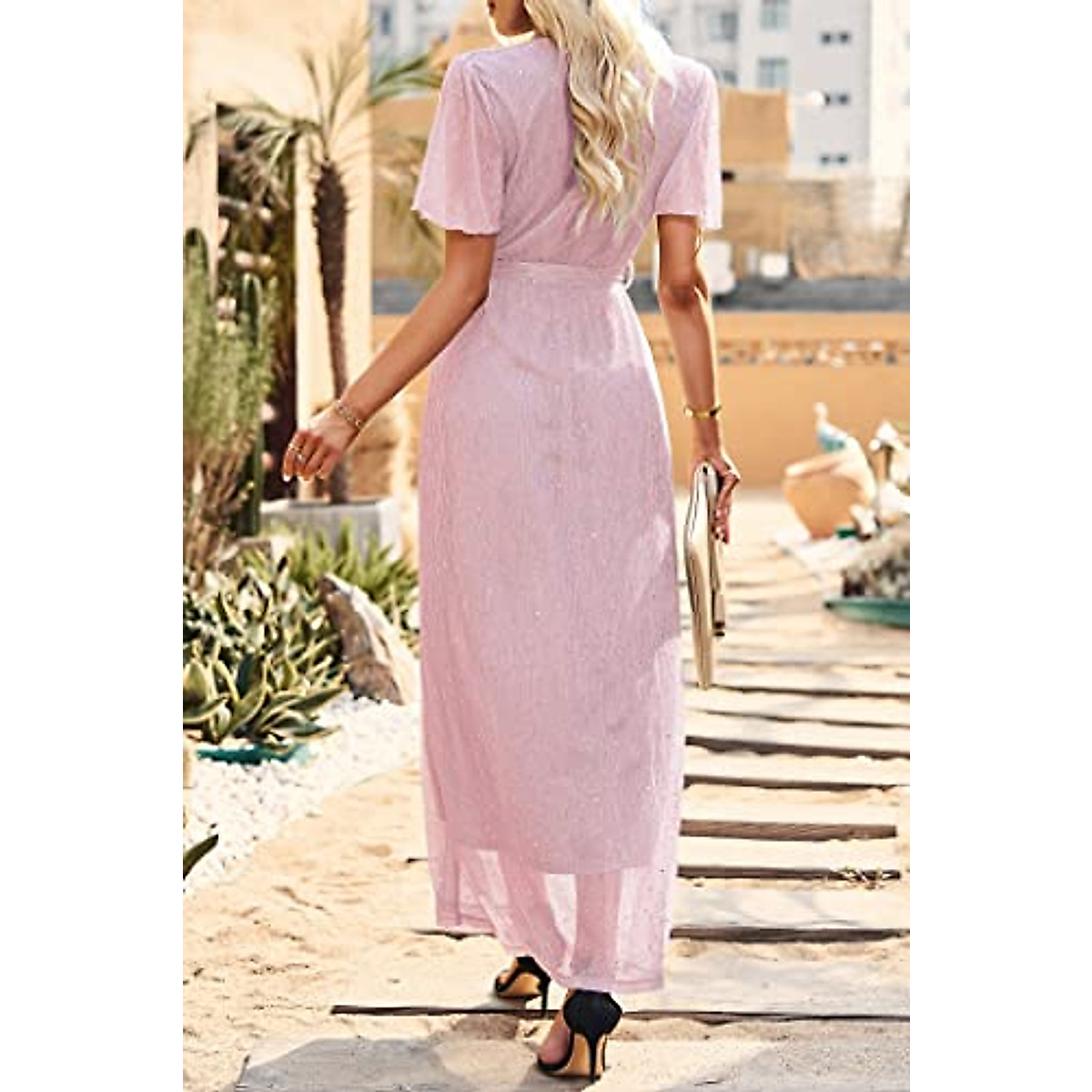 PRETTYGARDEN Women's Summer Maxi Glitter Dress Wrap V Neck Ruffle Sleeve Cocktail Party Long Dresses with Slit (Pink,X-Large)