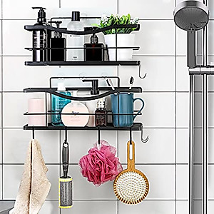 AOZITA 2 Pack, Large Adhesive Shower Caddy Shelves with 8 Hooks - Wall Hanging Bathroom Organizer Basket for Shower Room - Shower Racks for Inside Shower Storage - SUS304 Stainless Steel, Matte Black