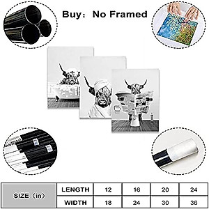 Funny Highland Cow Wall Art In Bathtub, Black and White Canvas Cow In Bathroom Picture, Humor Animals Bathroom Artwork Set of 3 Prints Kids Bathroom Decor (12x18in-3p Unframed,Black)