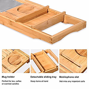BOSSJOY Luxury Wood Bamboo Bathtub Bath Tub Caddy Tray with Extending Sides Built in Book Tablet Phone Wineglass Holder
