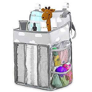 Diaper Caddy Hanging Diaper Caddy Organizer, Hanging Nursery Nappy Organiser Diaper Holder Caddy Stacker for Baby Girl Boy Crib Changing Table Playard Wall Baby Shower Gifts Bedside Storage Bag -Grey