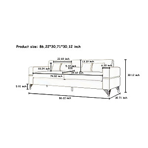 86 " Velvet couch, 3 Seater Sofa Oversized with 2 Pillows, Modern Loveseat Sofa with Armrest, Mid-Century Tufted Sofabed , Comfy Couches for Bedroom, Sofa Couch for Office,Living Room,Apartment, bige