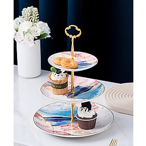 Jusalpha Fine China Rainbow Galaxy Series 3-tier Cake Stand- Cupcake Stand- Tea Party Pastry Serving Platter in Gift Box and a Free Sugar Tong (Rainbow Galaxy 3T)