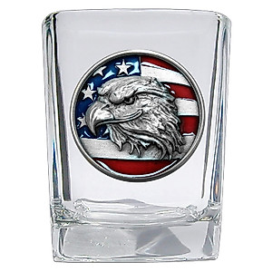 Heritage Pewter Eagle with Flag Square Shot Glass | Hand-Sculpted 1.5 Ounce Shot Glass | Intricately Crafted Metal Pewter Inlay