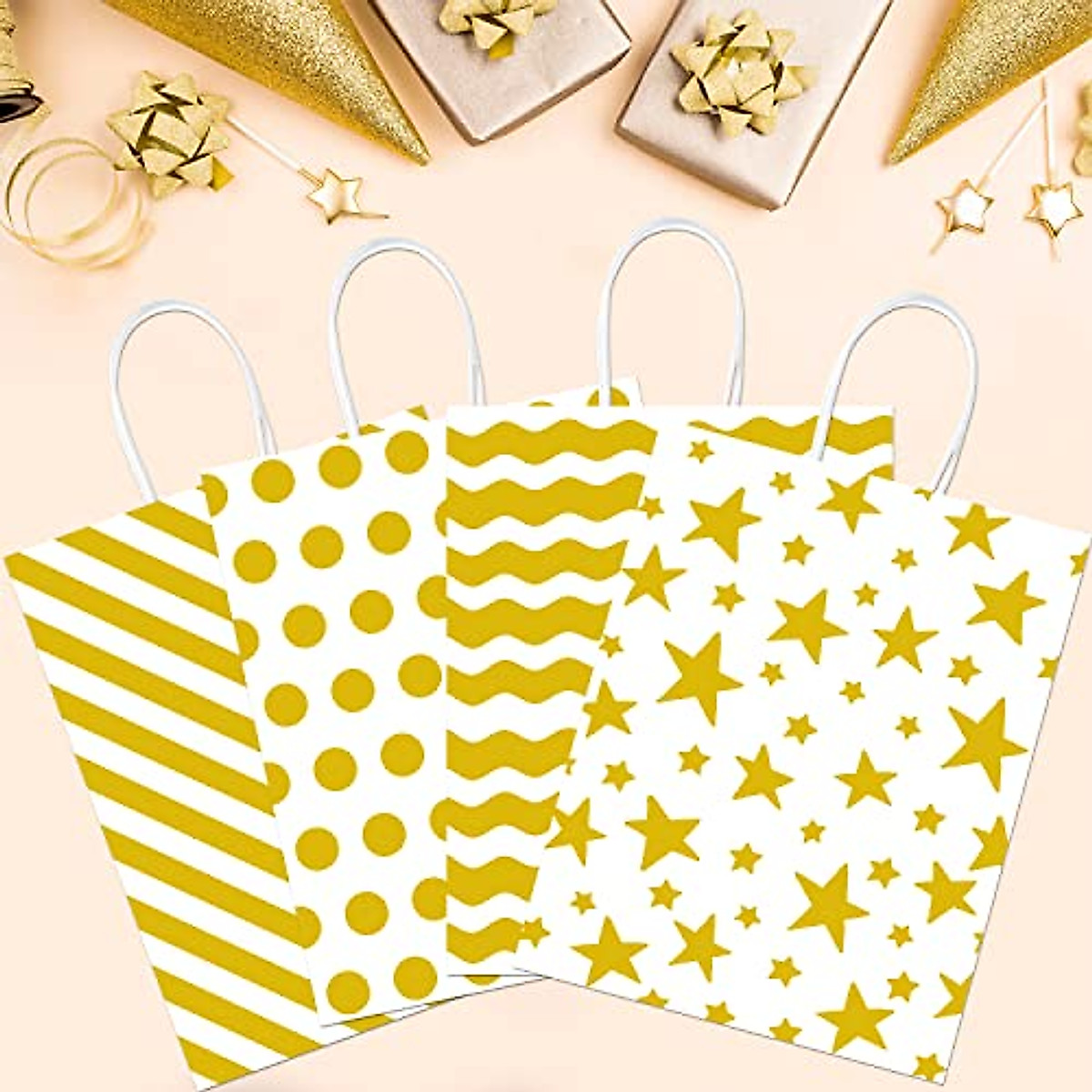 12 Pack Gift Bags with 12 Tissues,13x10.2x4.7 Inches Large Gift Bags Goodie Bags, Gold Medium Gift Paper Bags with Handles for Birthday Party Bags, Bussiness Bags, Wedding Bags, Valentines Day Christmas Gifts Bags(4 Styles)