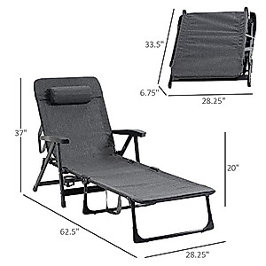 Outsunny Outdoor Folding Chaise Lounge Chair, Mesh Fabric Pool Chair with Adjustable Backrest, Pillow and Cup Holder for Poolside, Deck, and Backyard, Grey