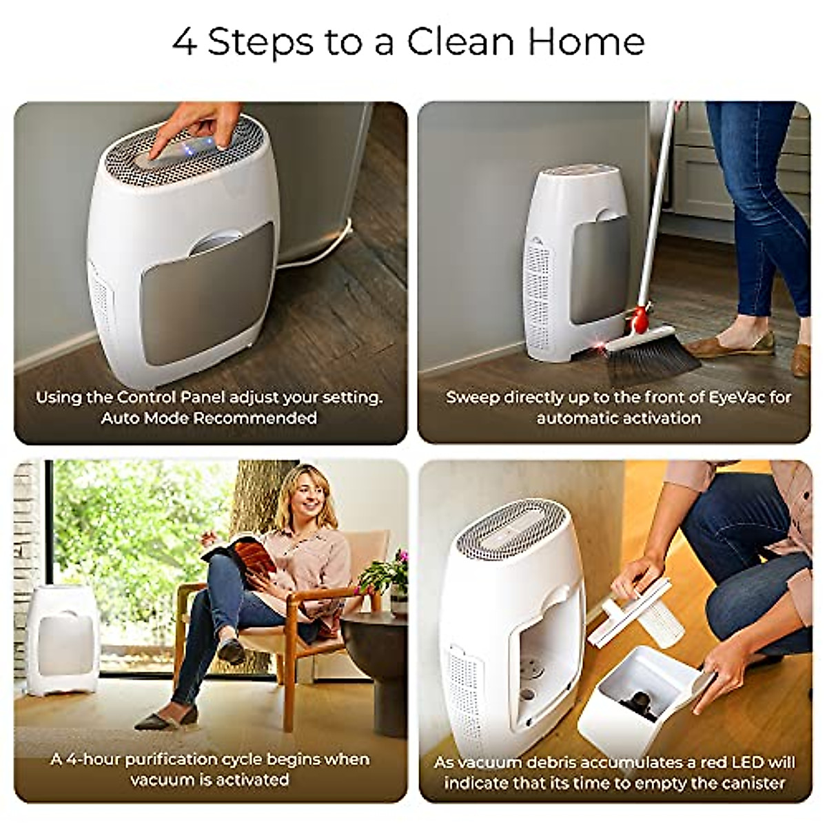 EyeVac Air 2-in-1 HEPA Air Purifier & Touchless Vacuum Automatic Dustpan - Ultra Fast & Powerful - Covers 600 Sq ft - Corded Canister Vacuum, Bagless, Automatic Sensors, 1000 Watt (Air White/Silver)