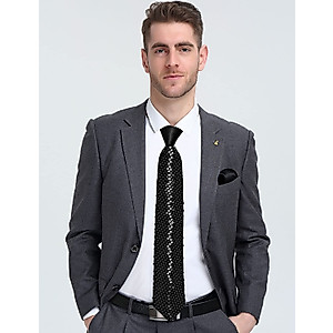 DiBanGu Black Tie Sequin Ties for Men Solid Color Skinny Tie and Pocket Square Set Wedding Party Formal Necktie