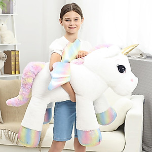 FFxiong 44 Inch Giant Unicorn Stuffed Animal Pillow, Cute Soft Big Unicorn with Rainbow Wings Large Plush Toy, Gifts for Girlfriend Girls Boys Kids Birthday Valentines Christmas