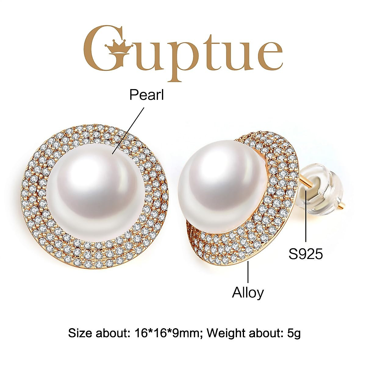 Guptue S925 Silver needles Pearl button stud earrings cultured freshwater pearl Cubic zirconia stud Earrings Birthday Gifts Women's Stud Earrings,Round 10-11mm pearl earrings (White)