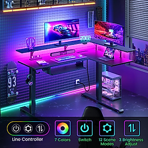 Rolanstar L Shaped Standing Desk with LED Light and Power Outlet, Dual Motor Height Adjustable Electric Standing Desk with Monitor Stand & Keyboard Tray, 61.2" Sit Stand Desk Black