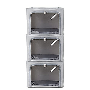 Stackable Clothes Storage Box for Clothing Gadgets,Steel Frame Storage Bins for Bedding Blankets Toys Gift,Foldable Oxford Fabric Closet Organizer Bag Set with Carry Handles and Clear Window (Medium- 40L x3 Pack, Grey)