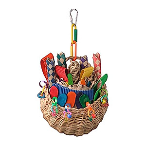 Super Bird Creations SB669 Wicker Foraging Basket Bird Toy with Array of Chewable Toys for Parrots, Medium Size, 10” x 4” x 5”, Varies, 1 Count (Pack of 1)