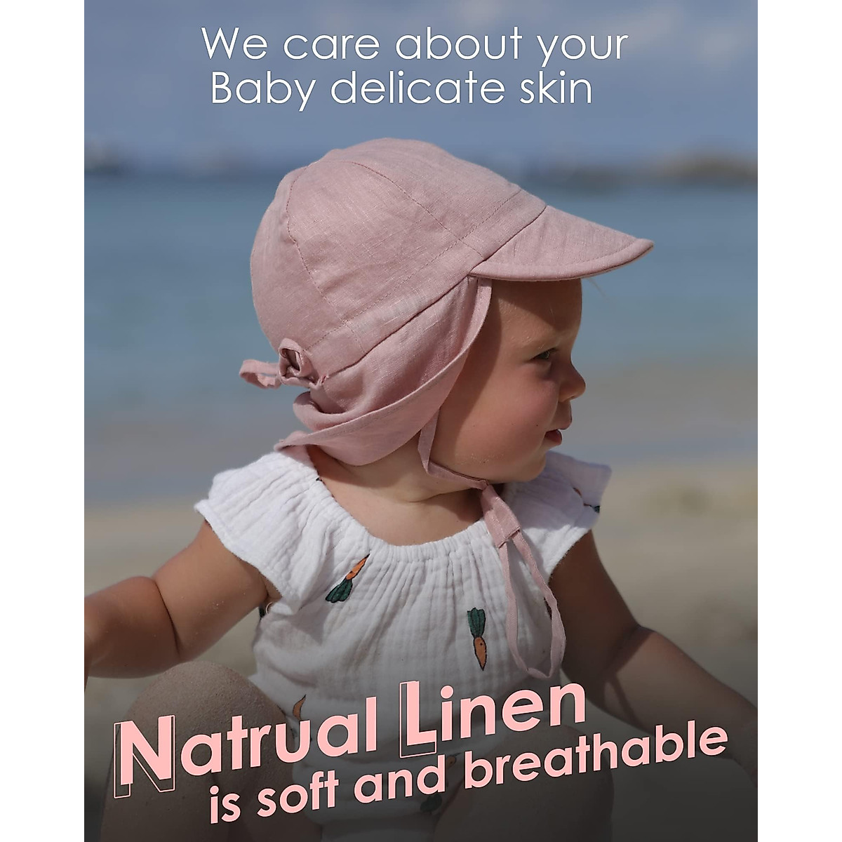 Baby Sun Hat Summer Baby Hats with Neck Flap Linen Breathable Infant Boy Girl Sun Hat Lightweight Packable Baby Swim Hat Pink