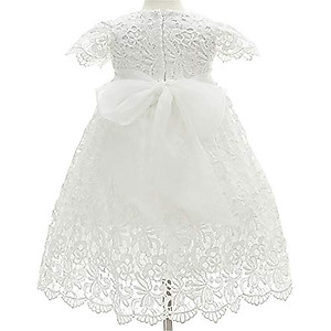 Bow Dream Baby Girls 4Pcs Gown and Bonnet Christening Baptism Dress Lace Baby Dress with Shoes White 3-6 Months