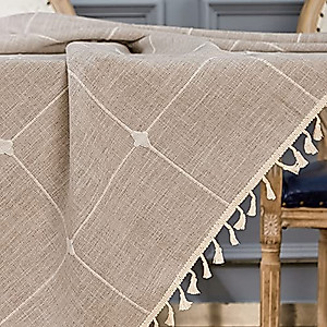 Mebakuk Rectangle Table Cloth Checkered Farmhouse Tassel Tablecloth Wrinkle Free and Washable Decorative Embroidered Fabric Table Cover for Kitchen (Oblong 55" x 86" (6-8 Seats), Coffee Grid)