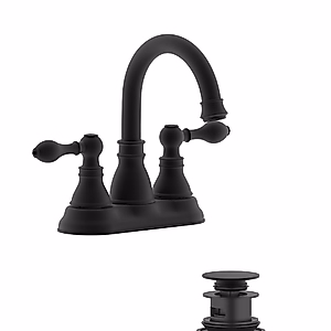 Derengge Two Handle Bathroom Sink Faucet Matte Black 3 Hole Bathroom Faucet with Overflow Pop up Drain, 360° Swivel Spout Sink Faucet 4 Inch Centerset Lavatory Faucet,F-4501-MT