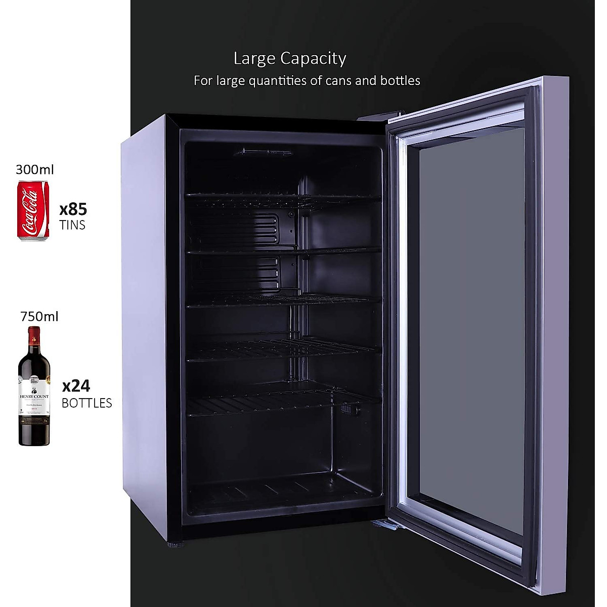 WATOOR 85 Cans Wine Cooler and Beverage Refrigerator with Glass Door Removable Wire Shelves 40°F - 61°F 2.7 Cu Ft
